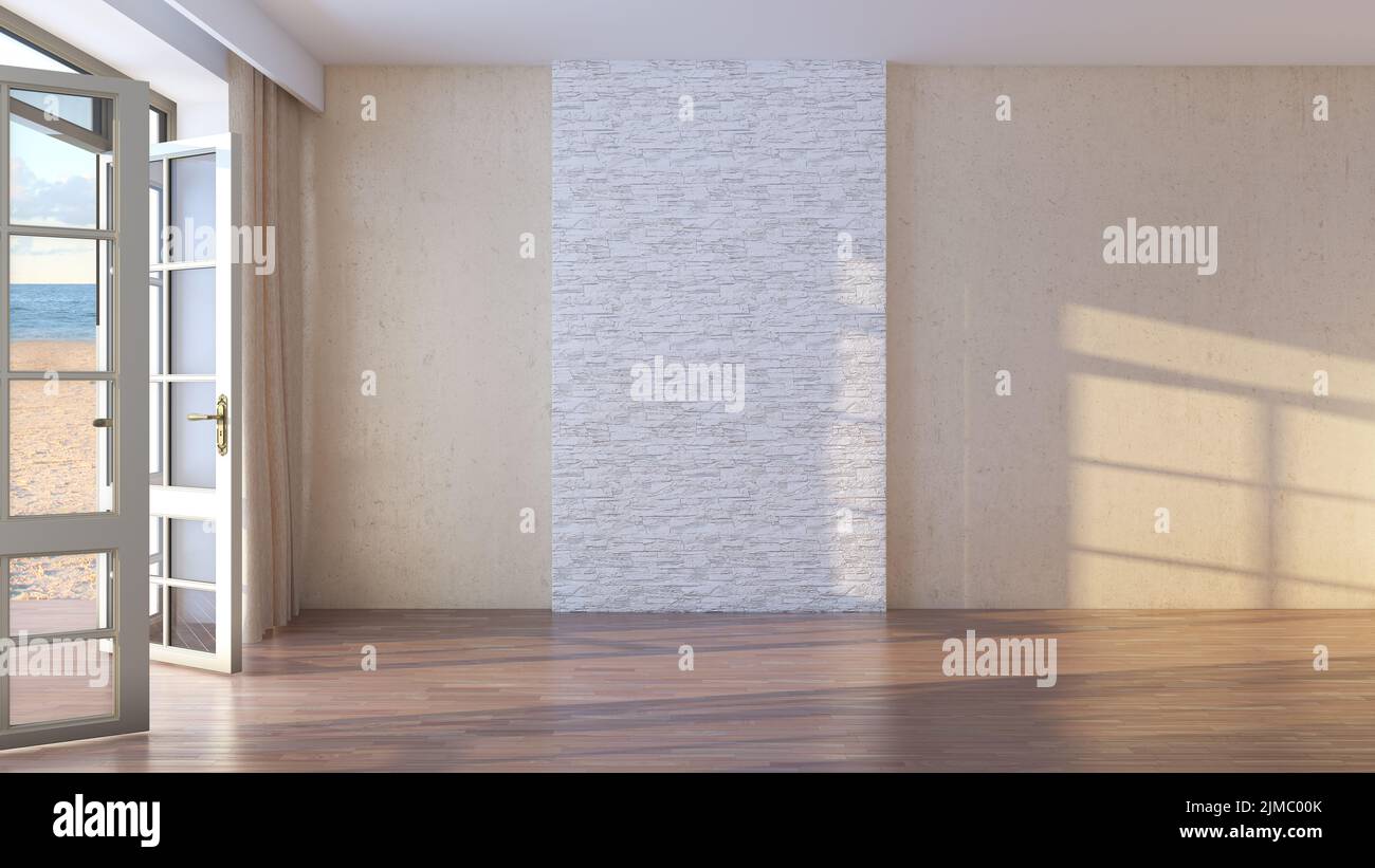 Interior with Sea View. Empty Hotel Room with Open Doors Overlooking ...