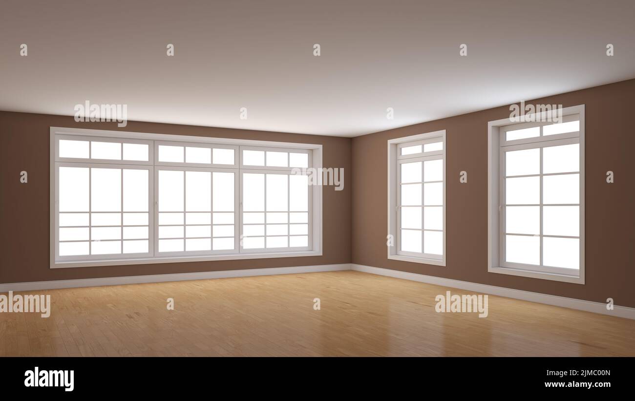 Empty Corner of the Room with Brown Walls, Three Windows, Light Glossy ...