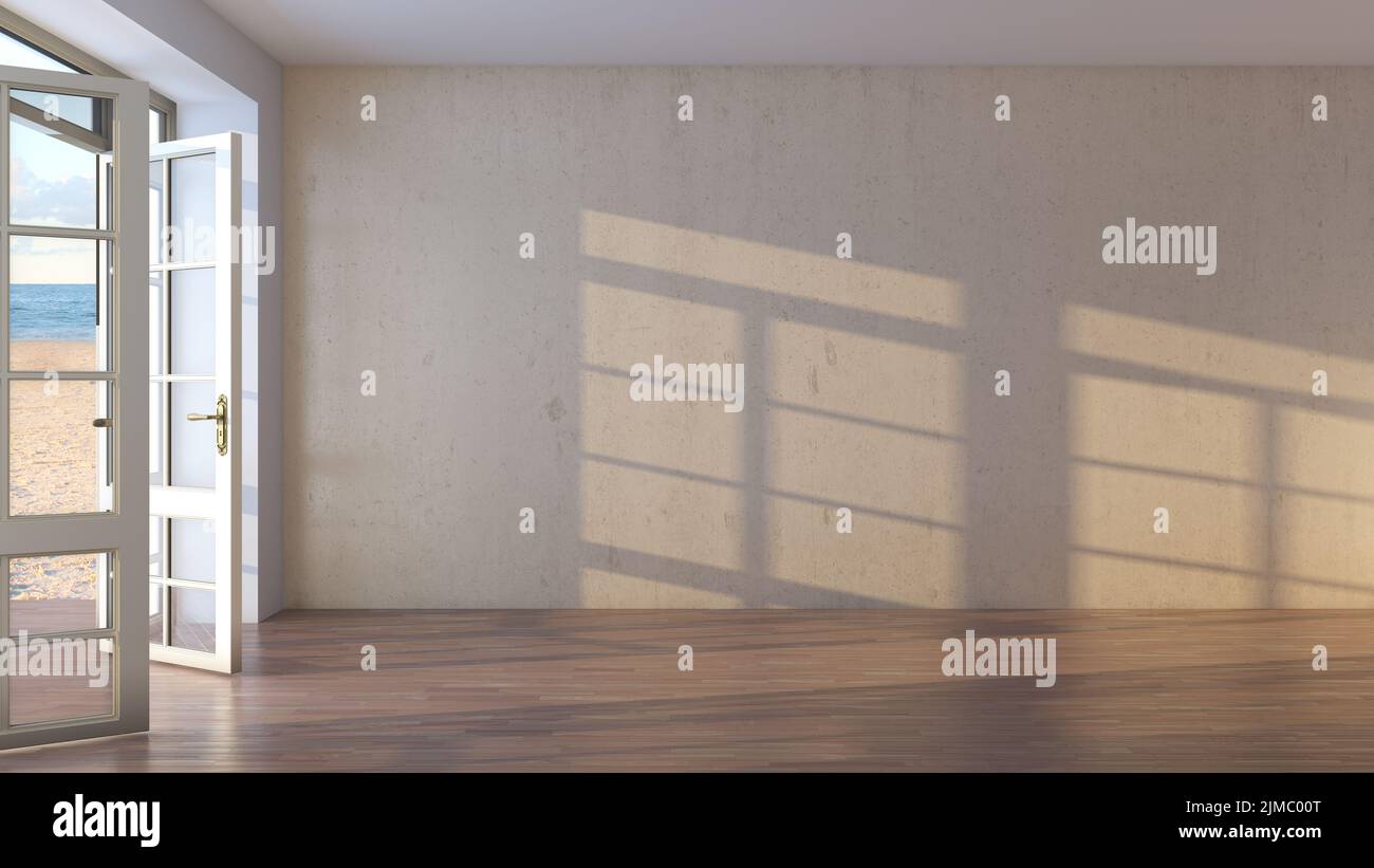 Empty Hotel Interior with Open Doors Overlooking the Beach, Yellow Sand ...