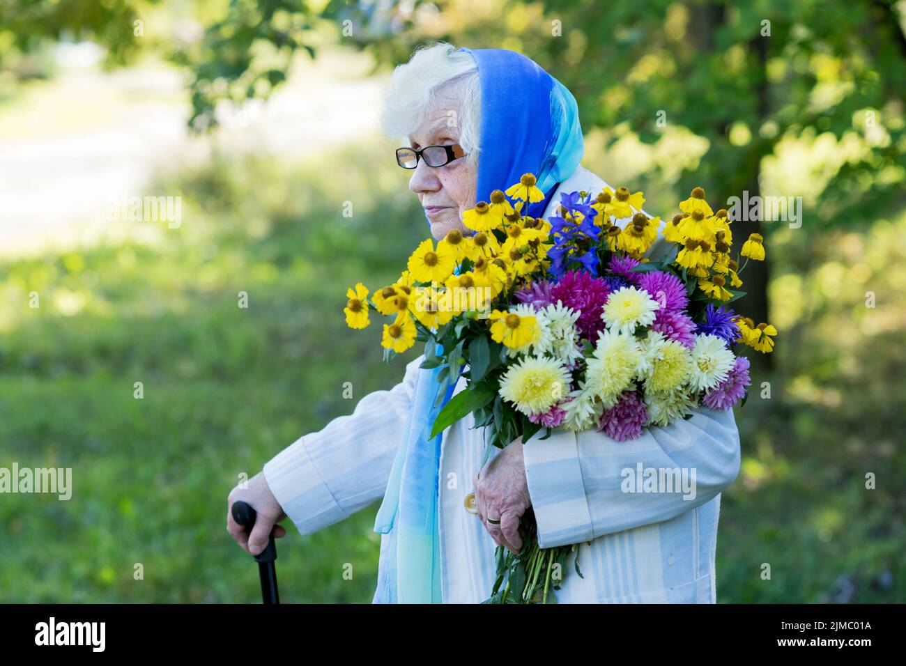 Grandmother with a cane and flowers on the background of trees Stock ...