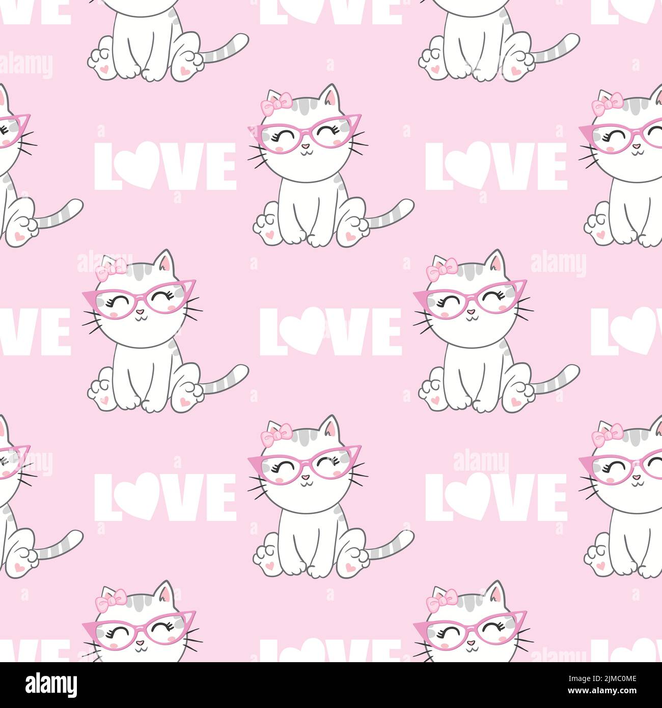 Pattern with cute cats. Kittens have rose-colored glasses. The charming ...