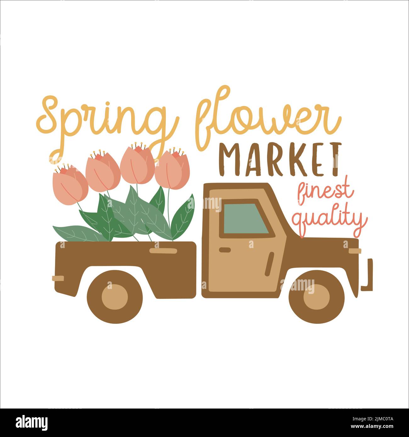 Vector illustration of car with tulips in trunk and quote Spring Flower ...