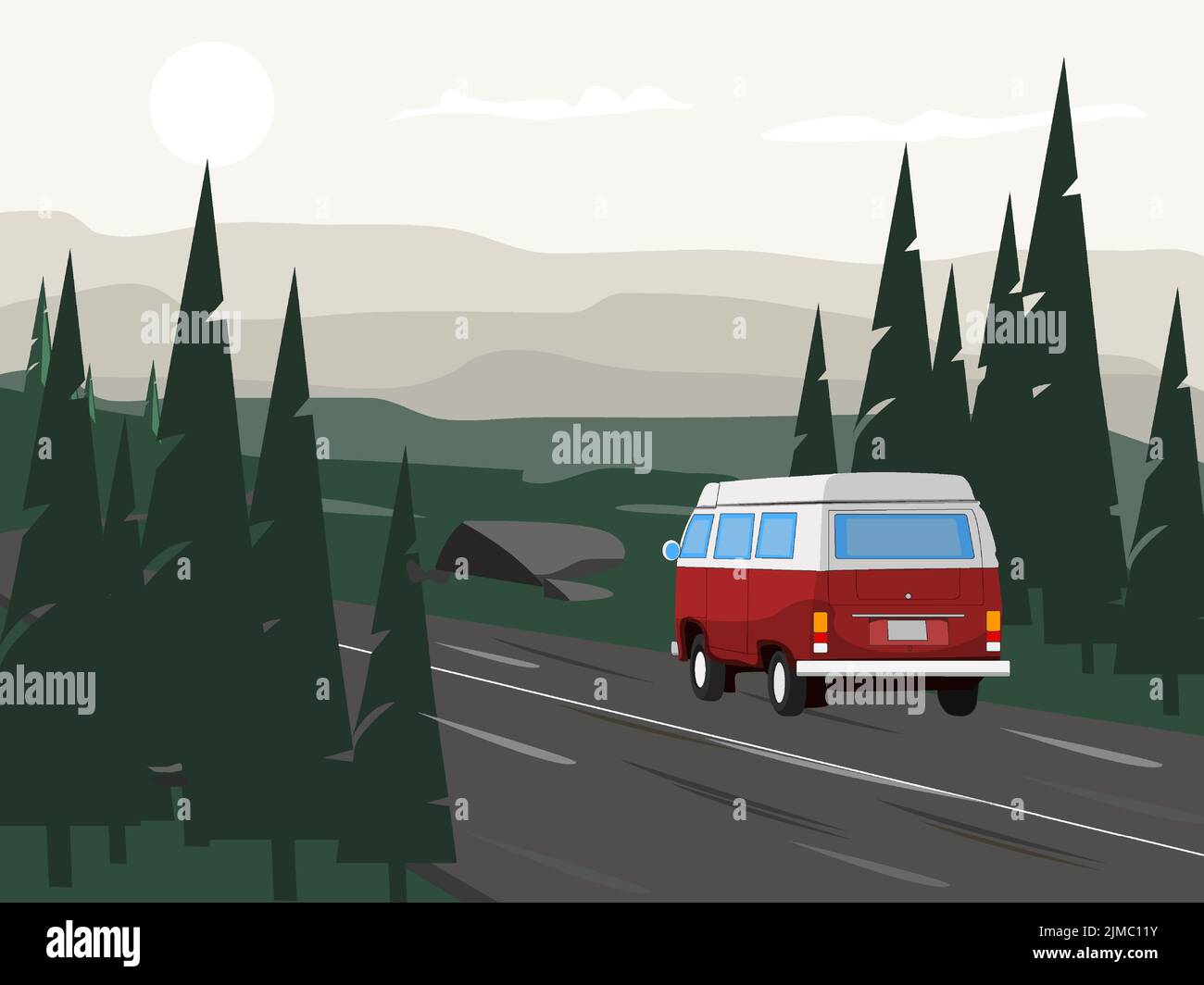 A red bus driving on the street surrounded by fir trees, vector Stock ...