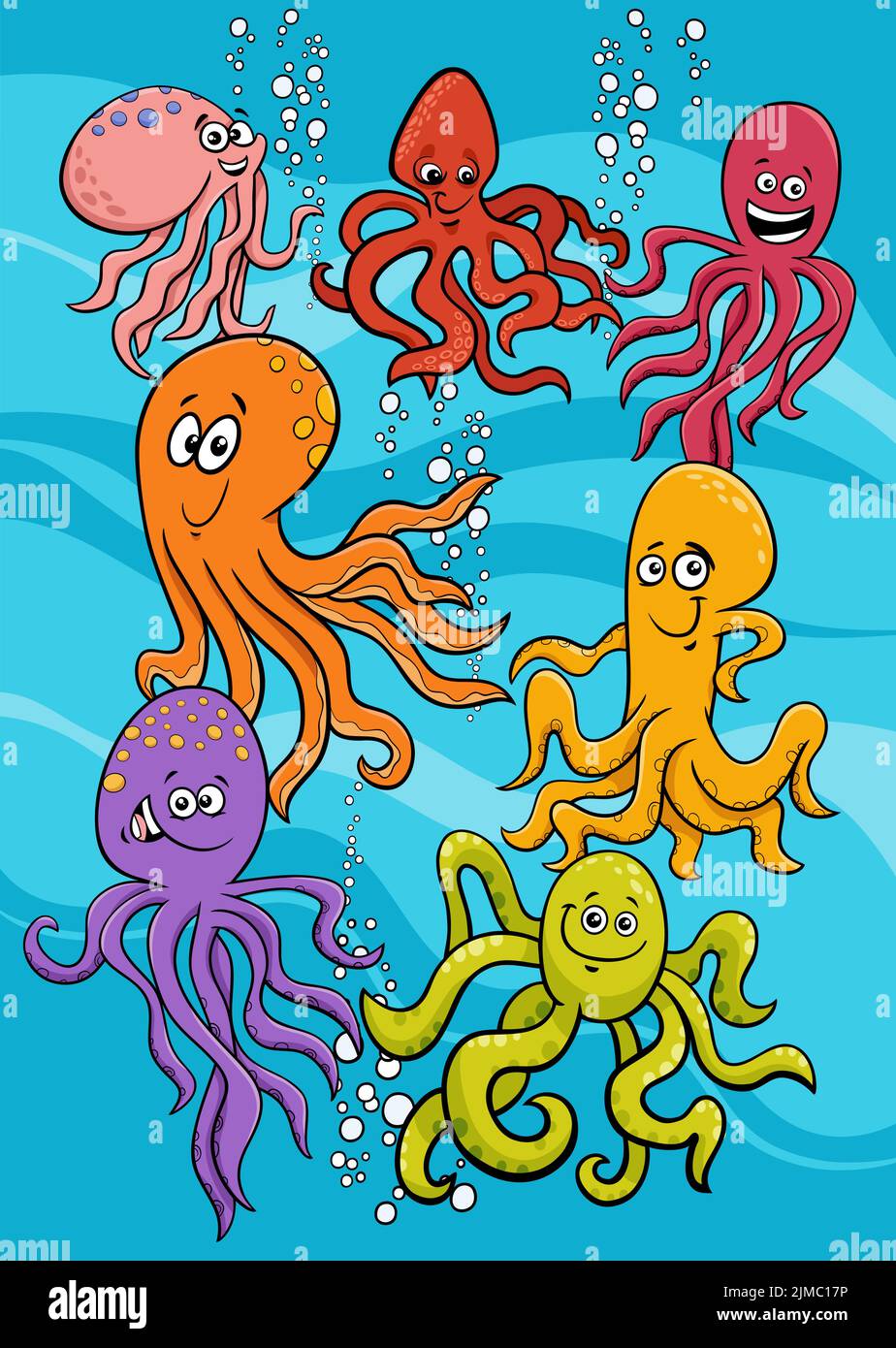 Cartoon illustration of octopus sea animal characters underwater Stock ...