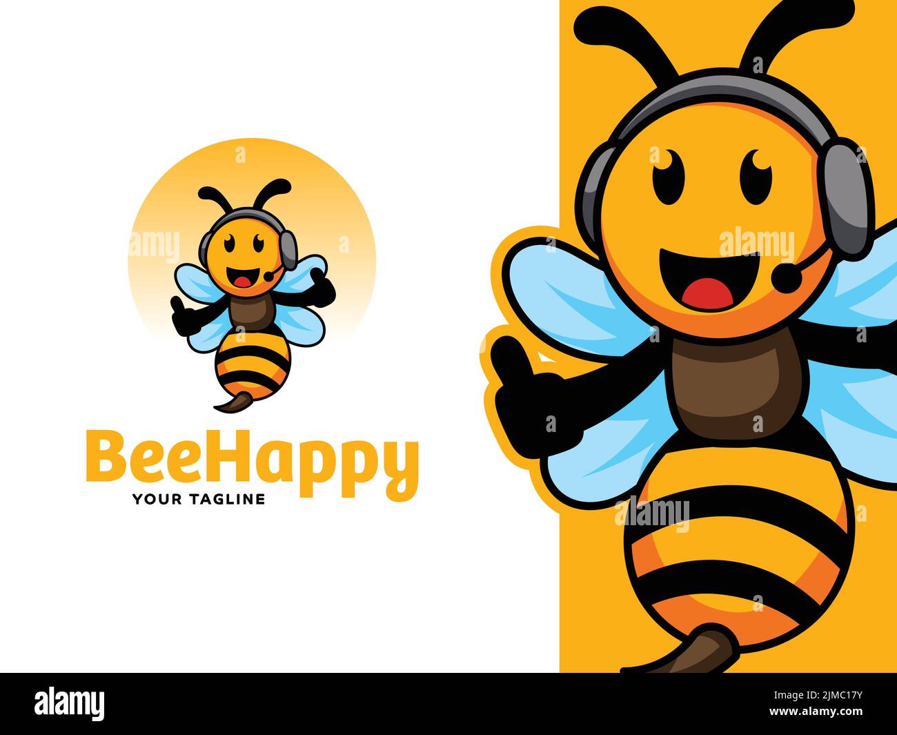 A happy bee character listening music and a mascot logo for sports ...