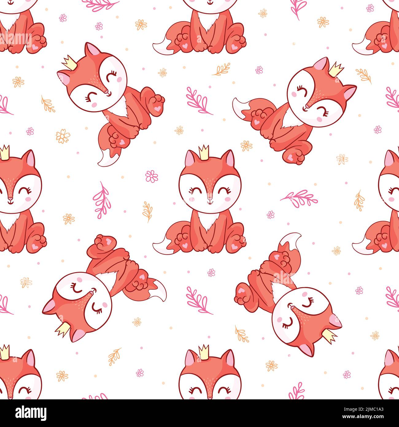 Cute fox seamless pattern, hand drawn forest background with flowers ...