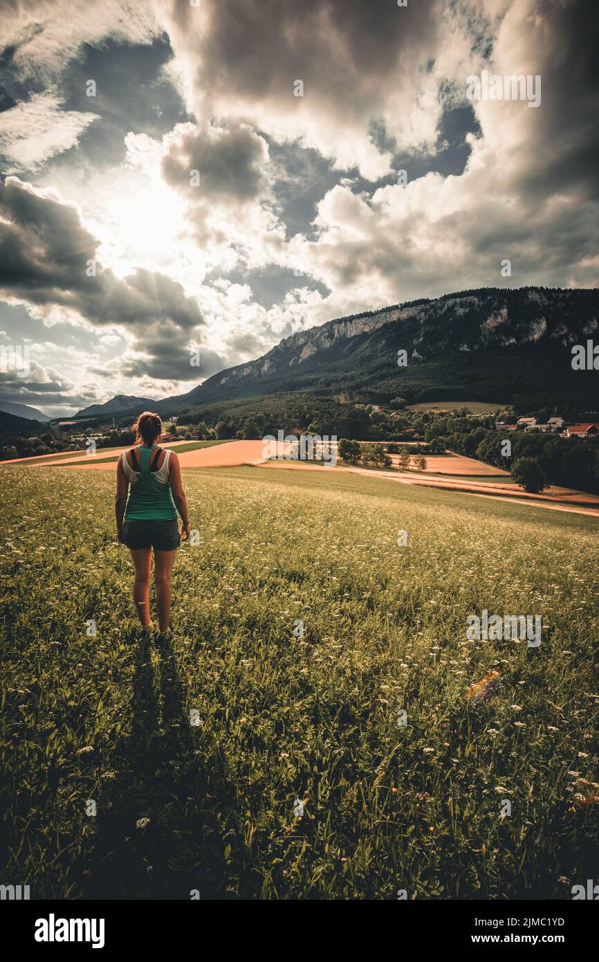 Young woman walking on summer meadow at sunny day, rear view. Image ...