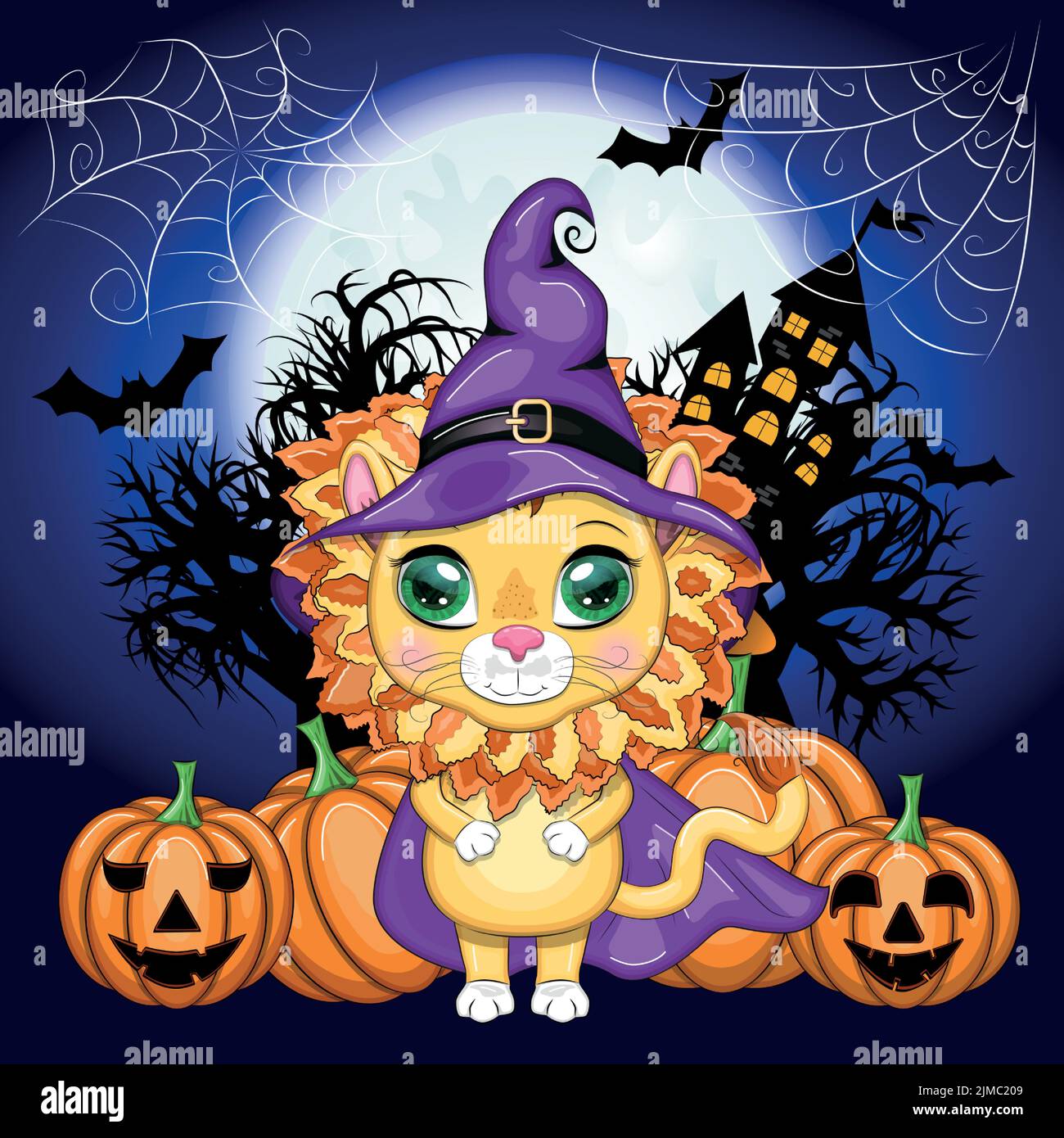 Cute cartoon leo with beautiful eyes, orange in a purple witch's hat ...