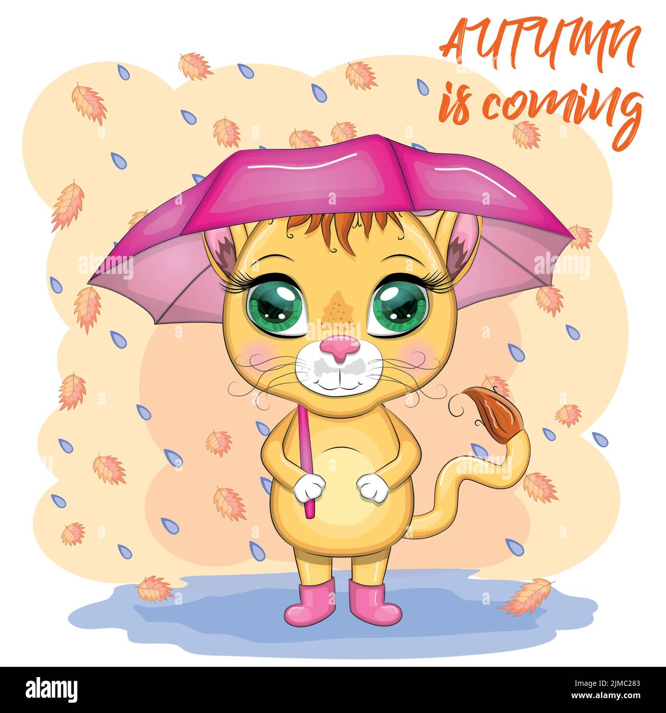 Cartoon lion with umbrella. Autumn character and postcard is coming ...