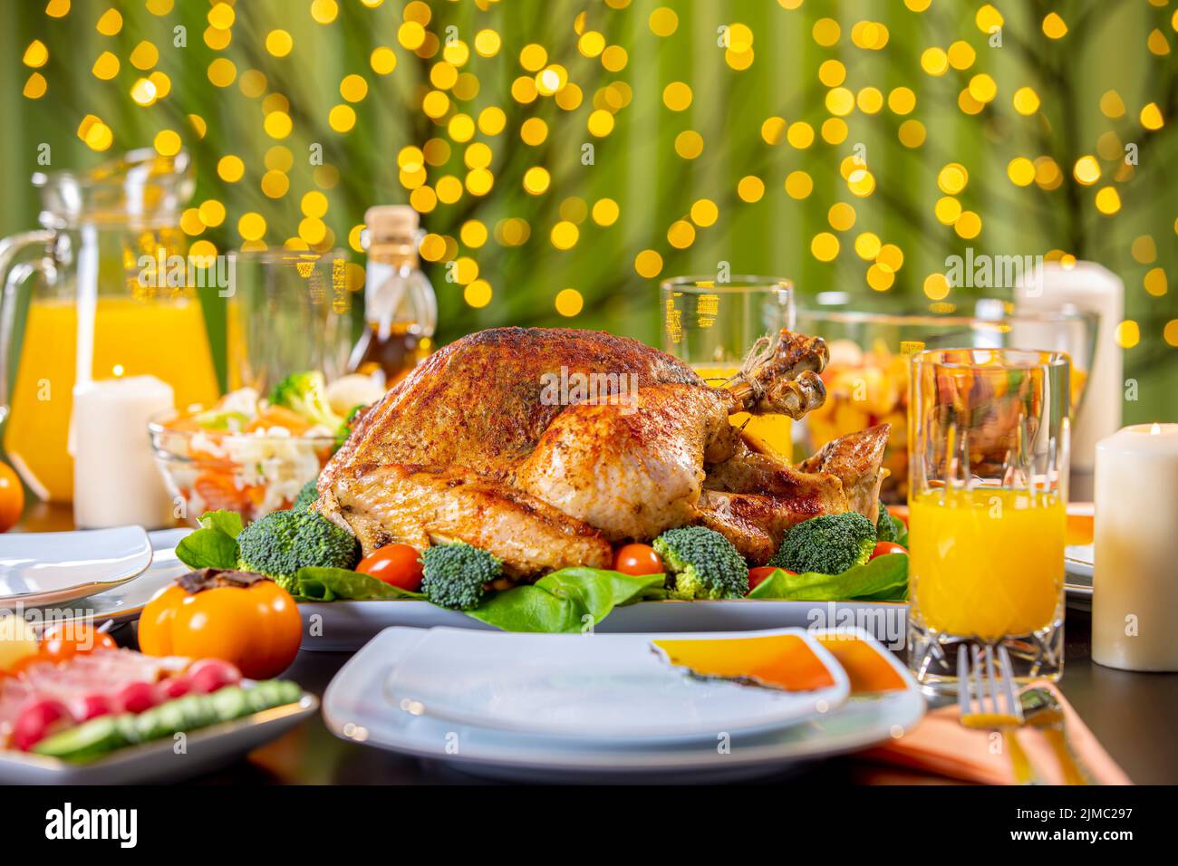 Roasted turkey on festive table for Thanksgiving celebration Stock ...