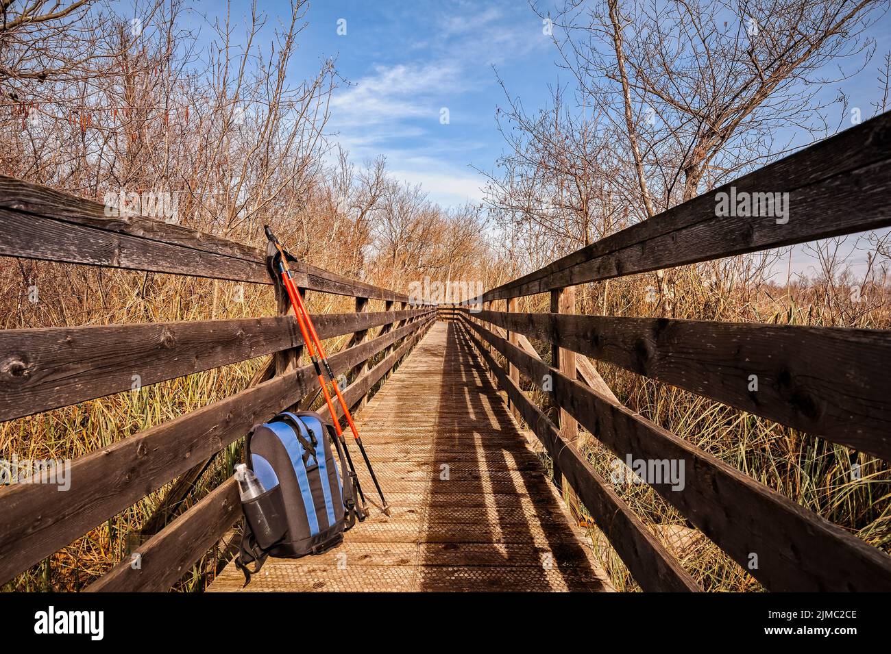 Wooden footbridge for hiking in nature with backpack and poles Stock ...