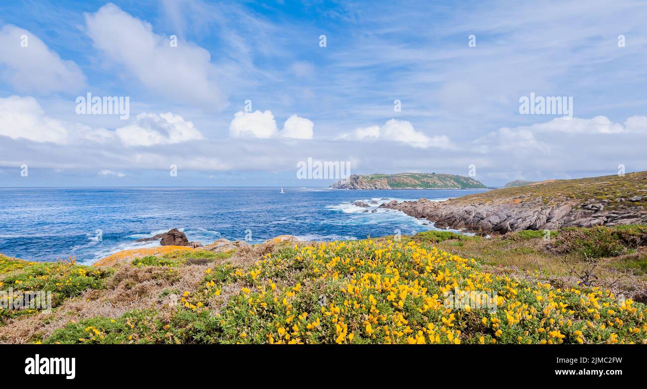 Landscape of sea, cliff blue sky with clouds. Ocean coast in the north ...