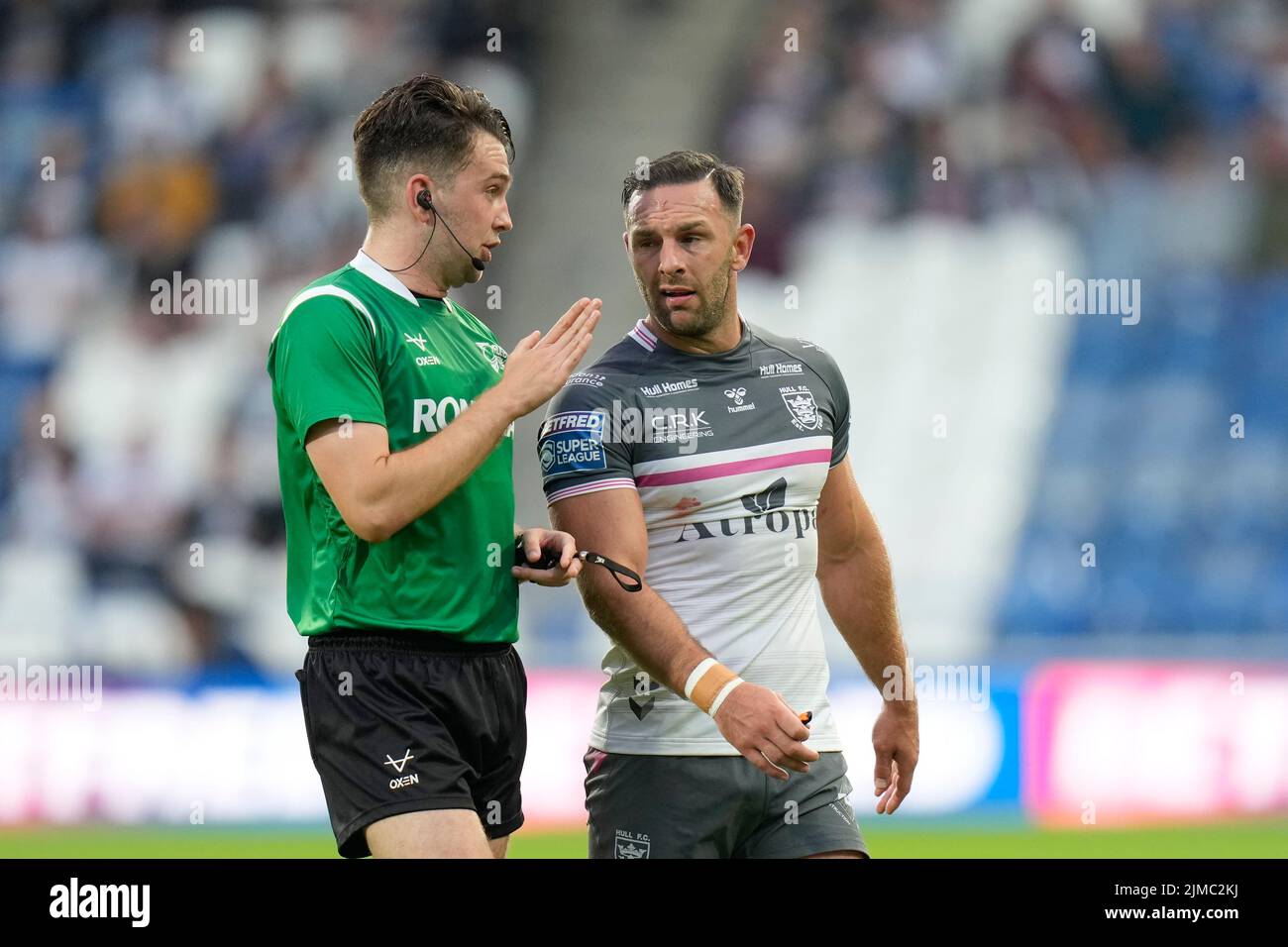 Luke Gale #7 of Hull FC speaks to referee Mr Griffiths after he shows a ...