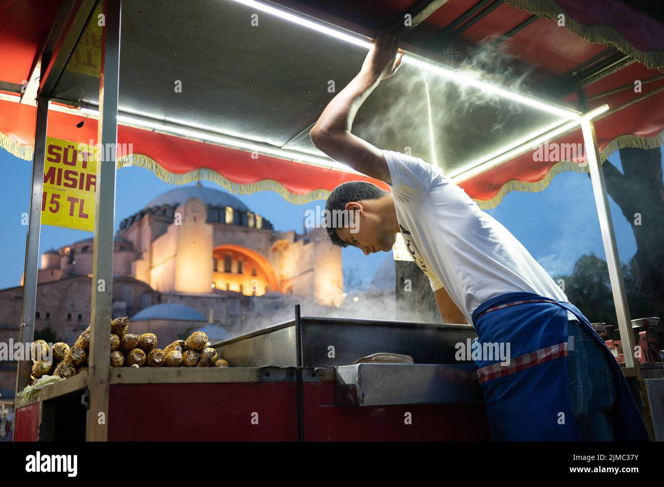 Istanbul, Turkey. 01st July, 2022. A man sells corn on the cob in front ...
