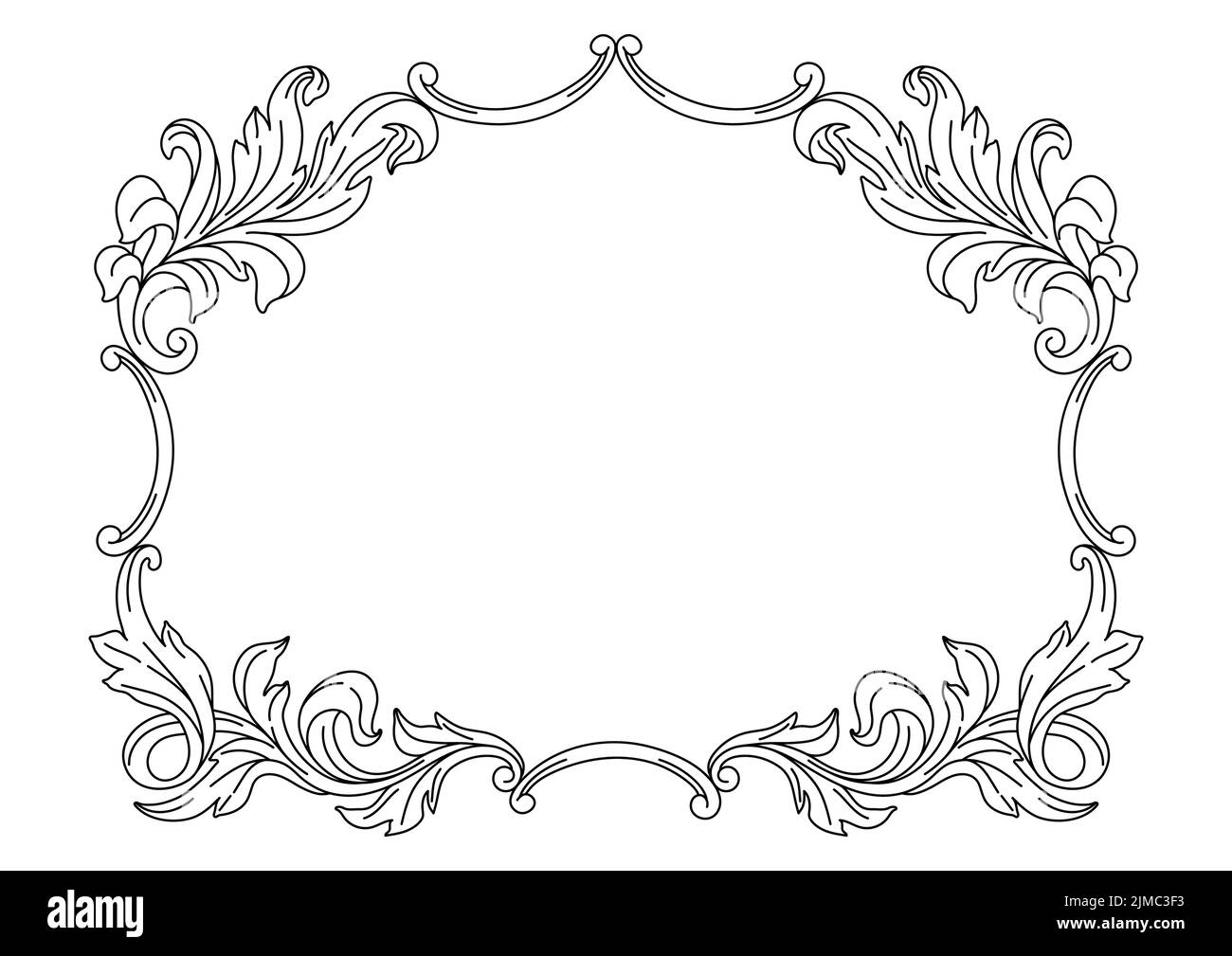 Decorative floral frame in baroque style. Engraved black curling plant ...