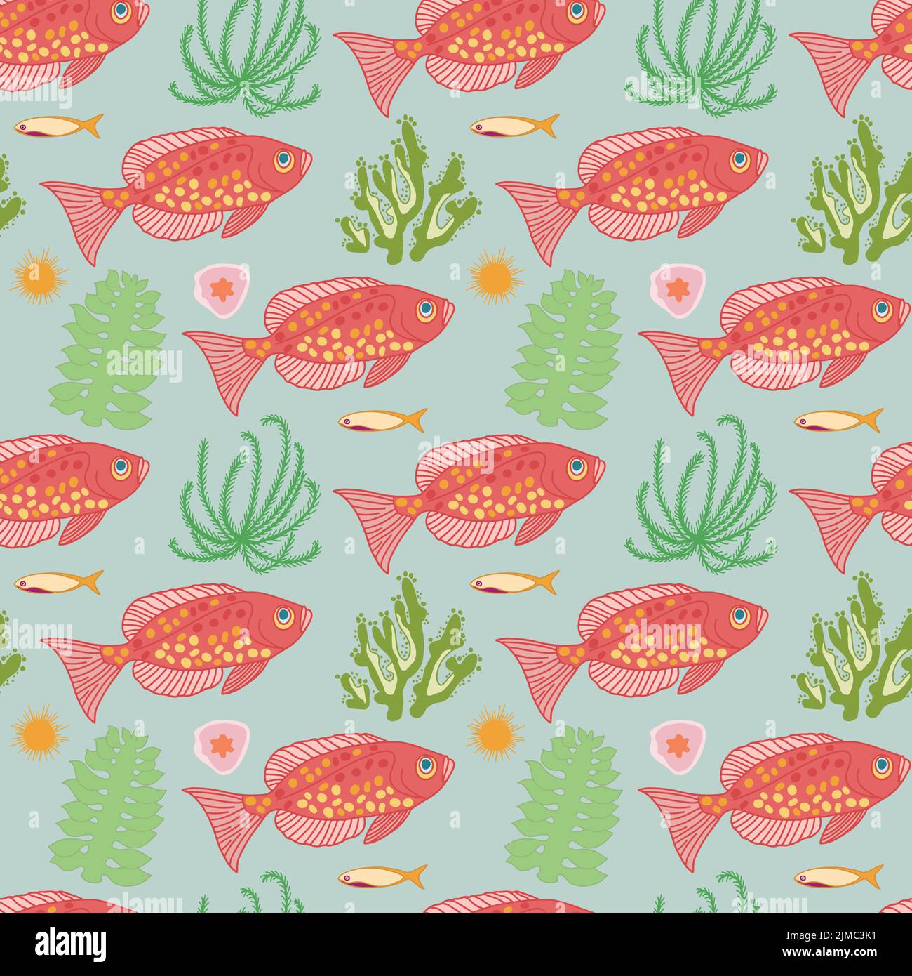Underwater sea world seamless pattern. Red fishes and green sea weed on ...