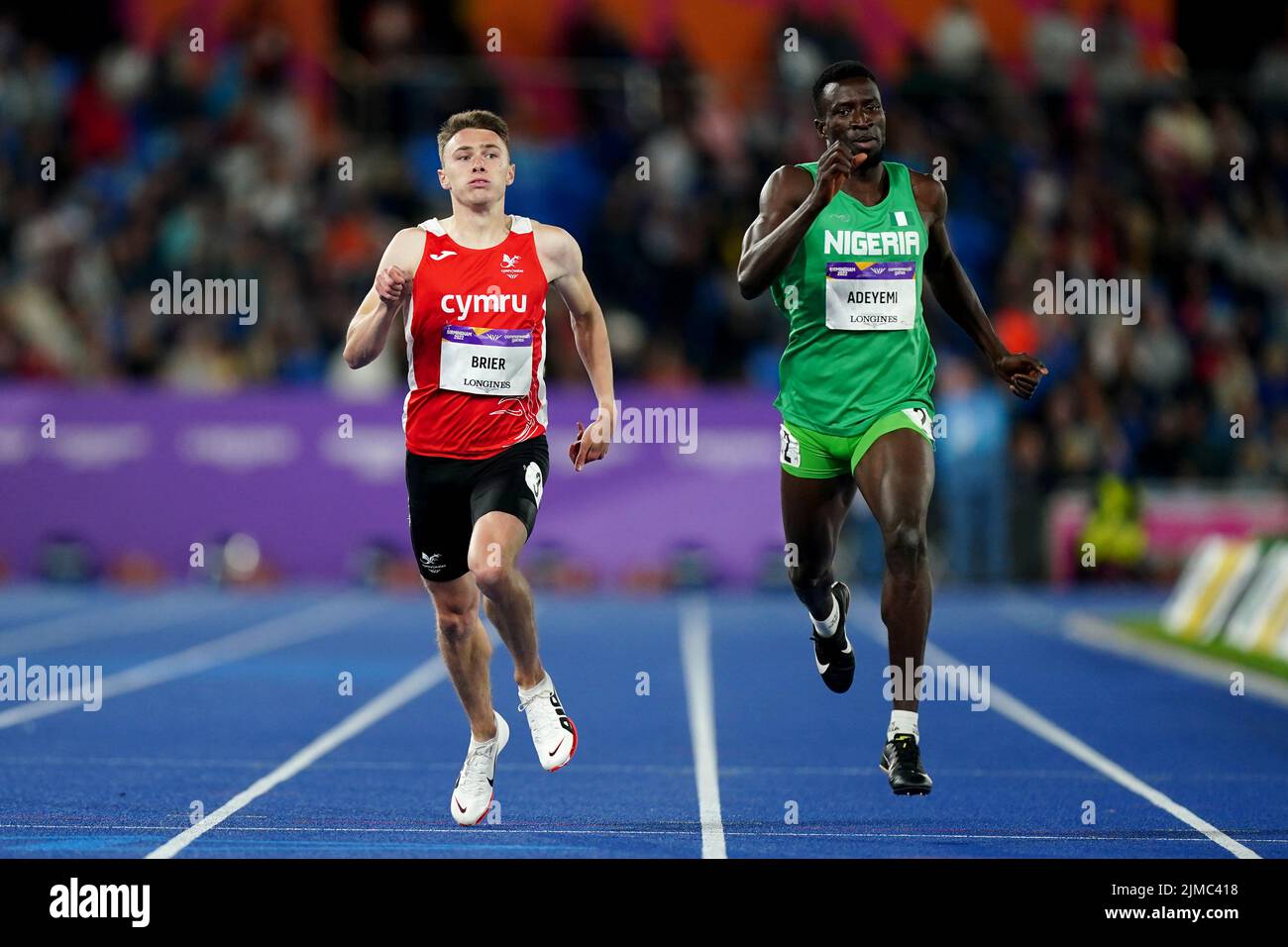 Wales’ Joseph Brier (left) and Nigeria’s Sikiru Adeyemi in action ...