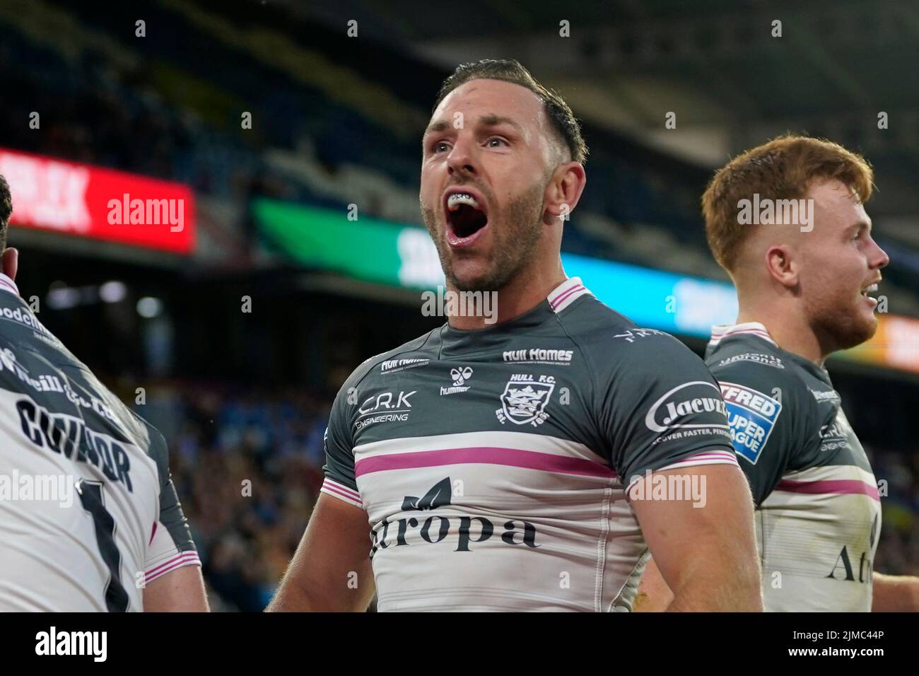 Luke Gale #7 of Hull FC reacts with the crowd after his sides third try ...