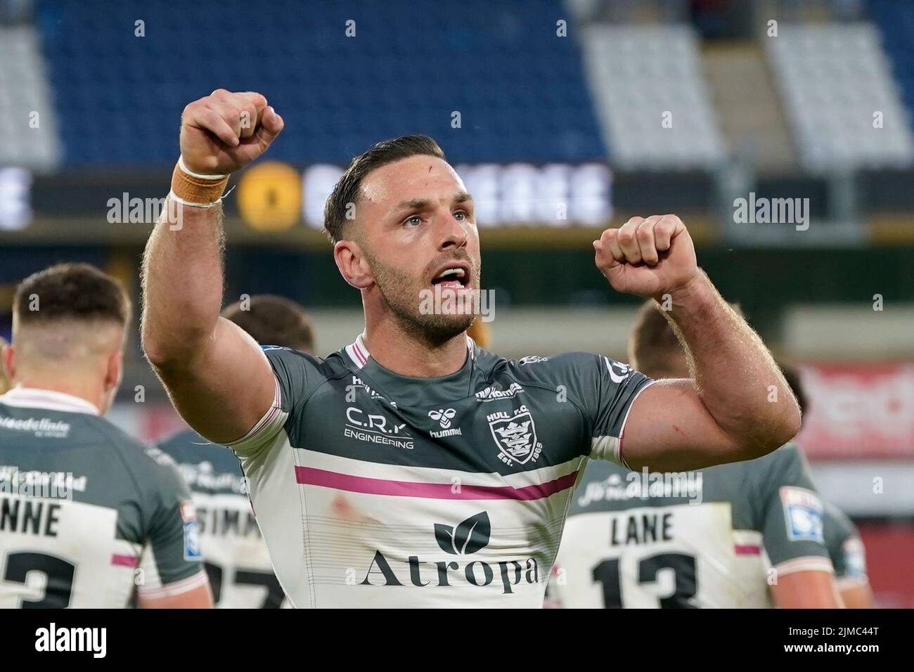 Luke Gale #7 of Hull FC reacts with the crowd after his sides third try ...
