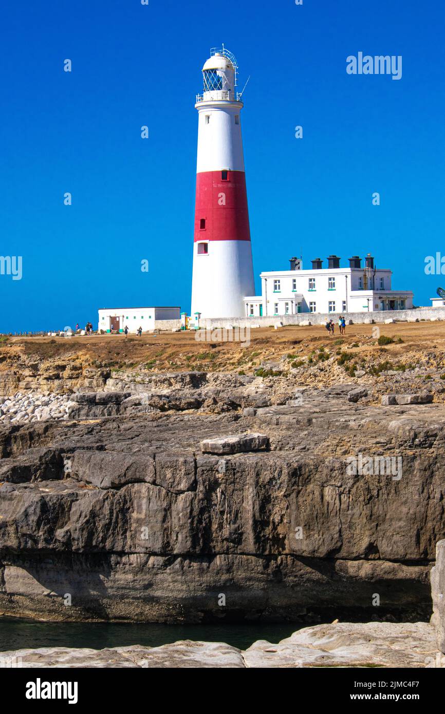 Red and white painted Portland Bill Lighthouse on the Isle of Portland ...