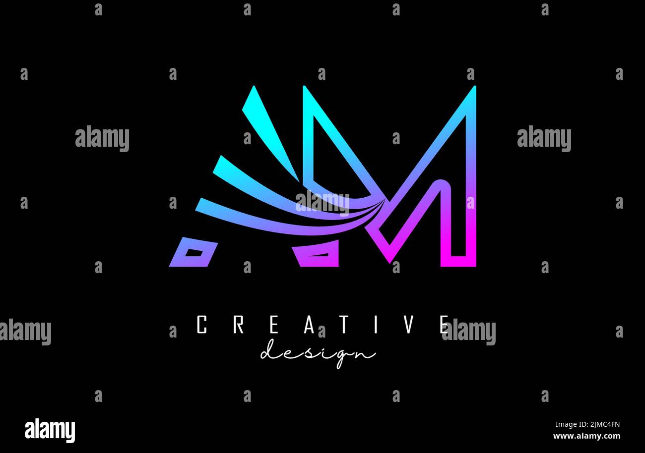 Outline colorful leading lines letters AM a m logo with road concept ...