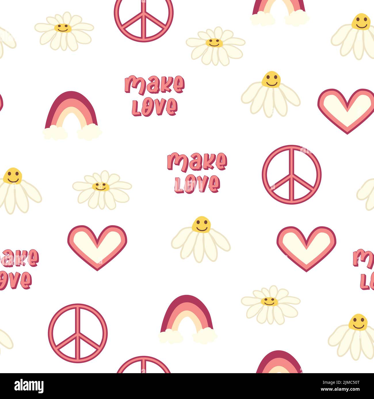 Love heart, peace symbol, rainbow retro 70s seamless pattern. Scattered ...