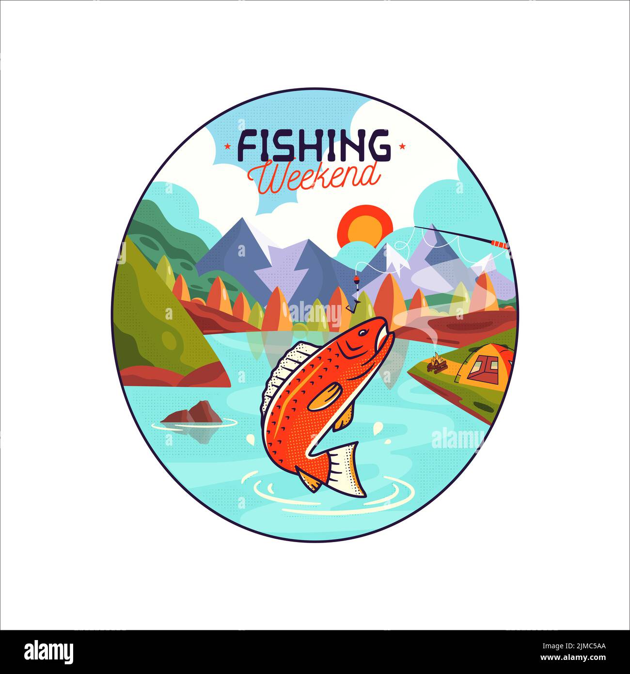 Vector illustration of sticker of fish and rod against campsite in ...