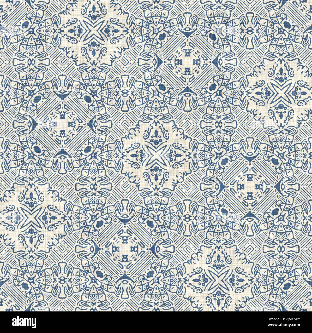 French blue linen effect geometric pattern. Classic 2 tone European ...