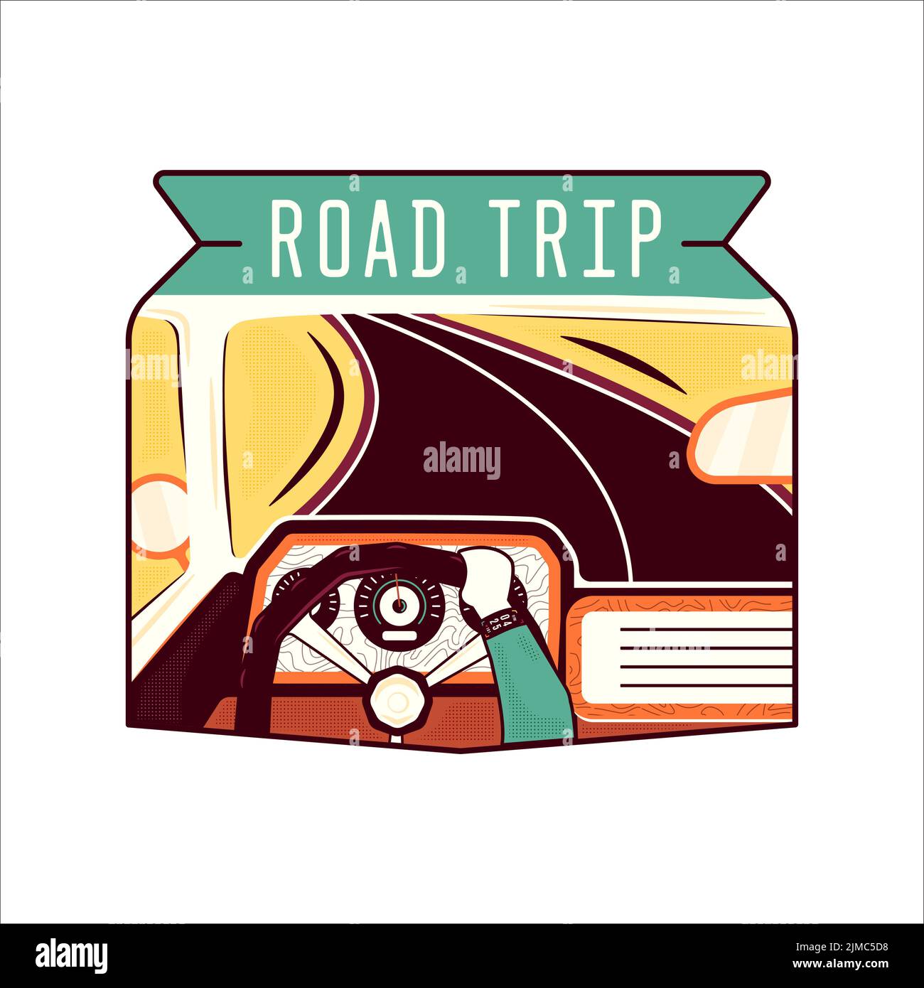 Vector illustration of cartoon driver traveling by car and inscription ...