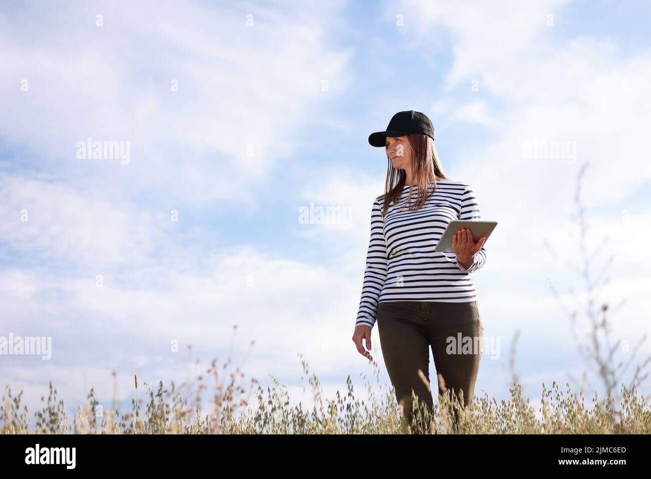 Modern technologies in agriculture, business woman farmer with computer ...