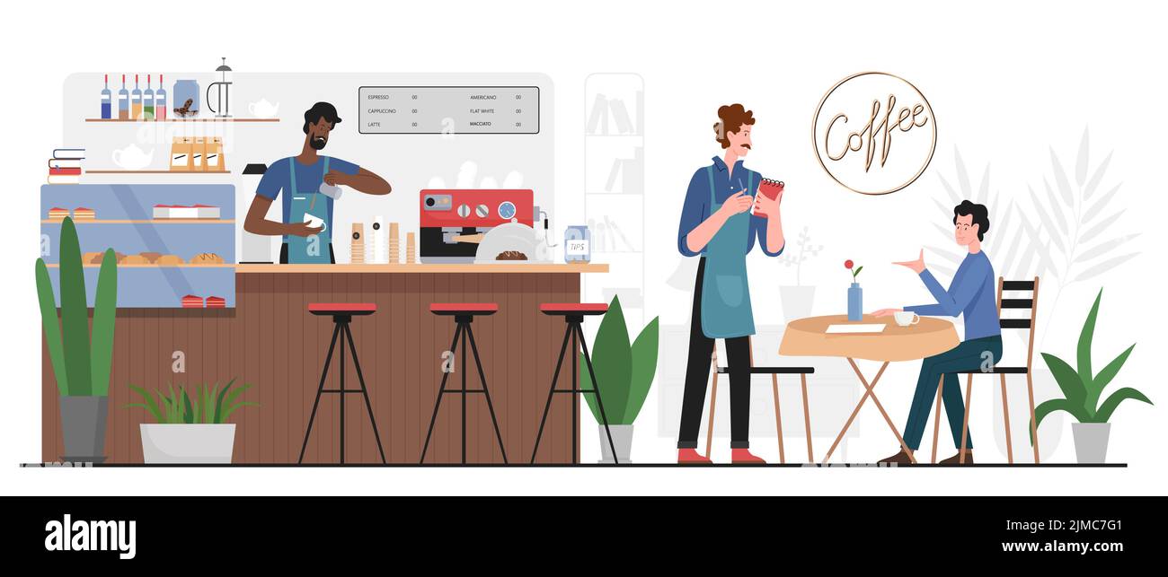 Coffee shop, cafeteria or restaurant interior with barista behind bar ...