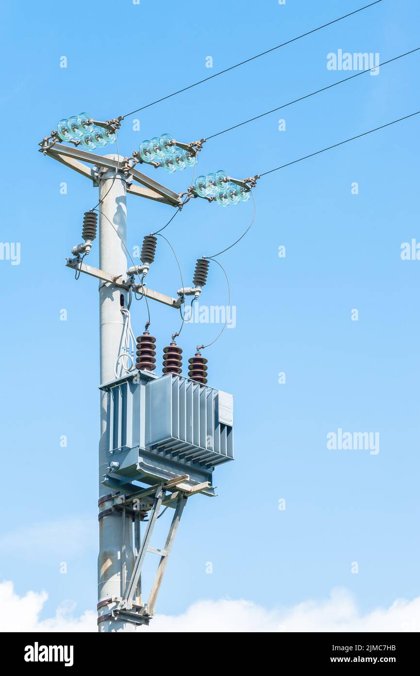 Electric transformer on electric pole Stock Photo - Alamy