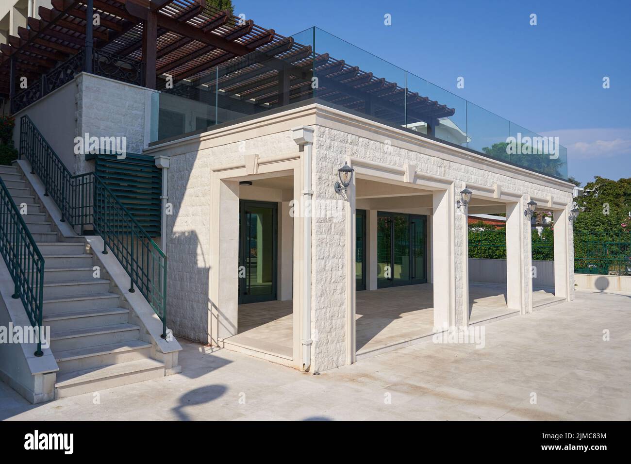 Roof terrace with glass railing in a modern house Stock Photo - Alamy