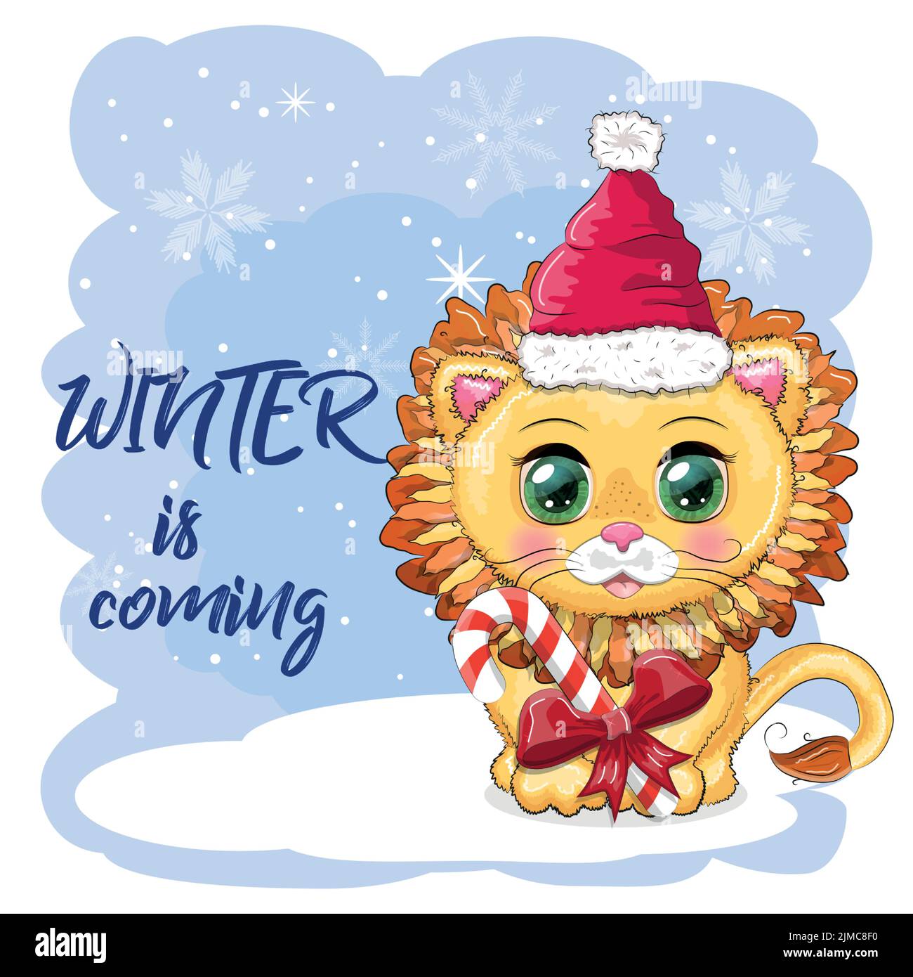 Wonderful cute cartoon lion cub with a gift, candy cane. Isolated ...