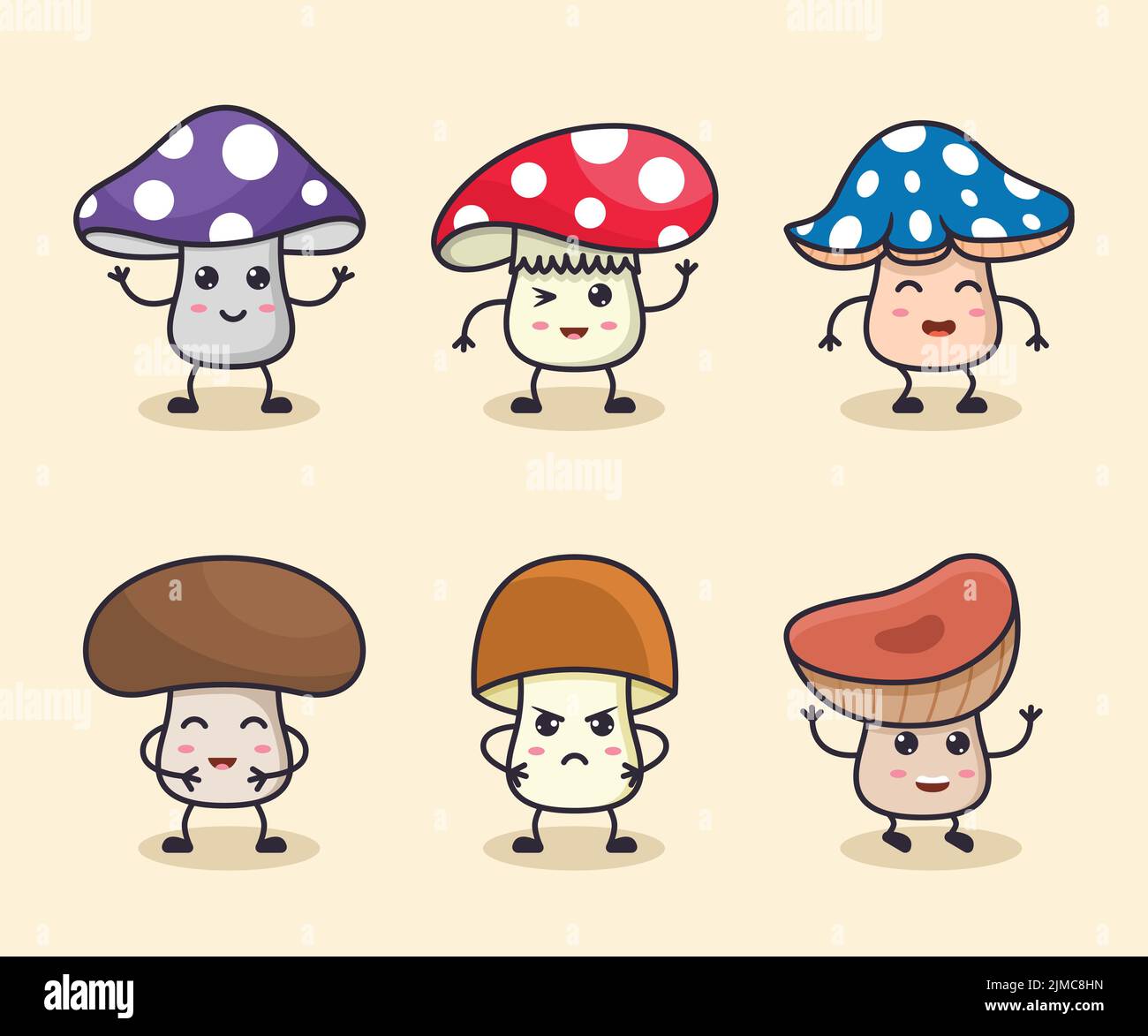 Cute mushroom characters expressing nine different emotions on a pastel ...