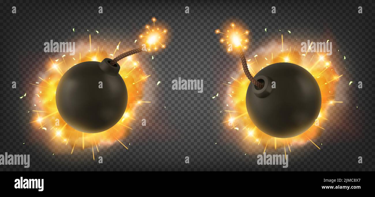 Explosion of bomb with burning wick with fire and sparks. Vector ...