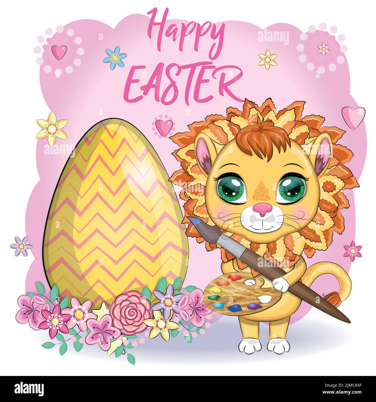 Cartoon lion with Easter egg. Character with beautiful eyes, childish ...