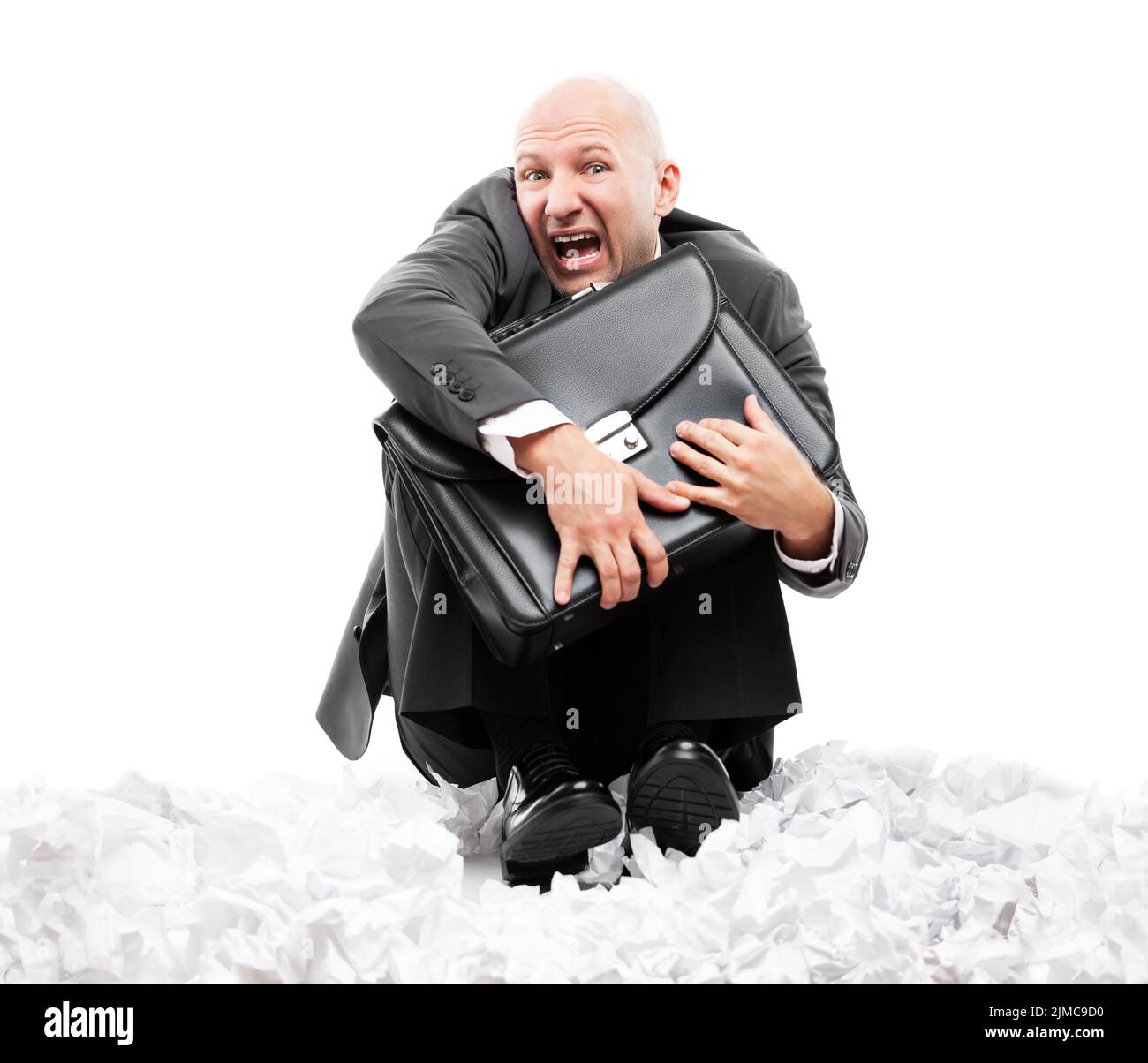 Unhappy scared or terrified businessman in depression hand holding ...