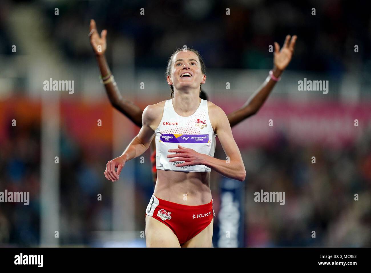 England’s Elizabeth Bird reacts during the Women’s 3000m Steeplechase ...