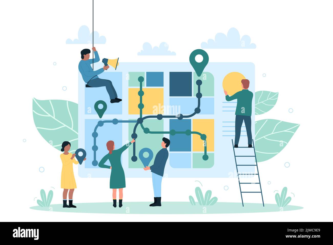 GPS navigation, geolocation system and local search. Cartoon tiny ...