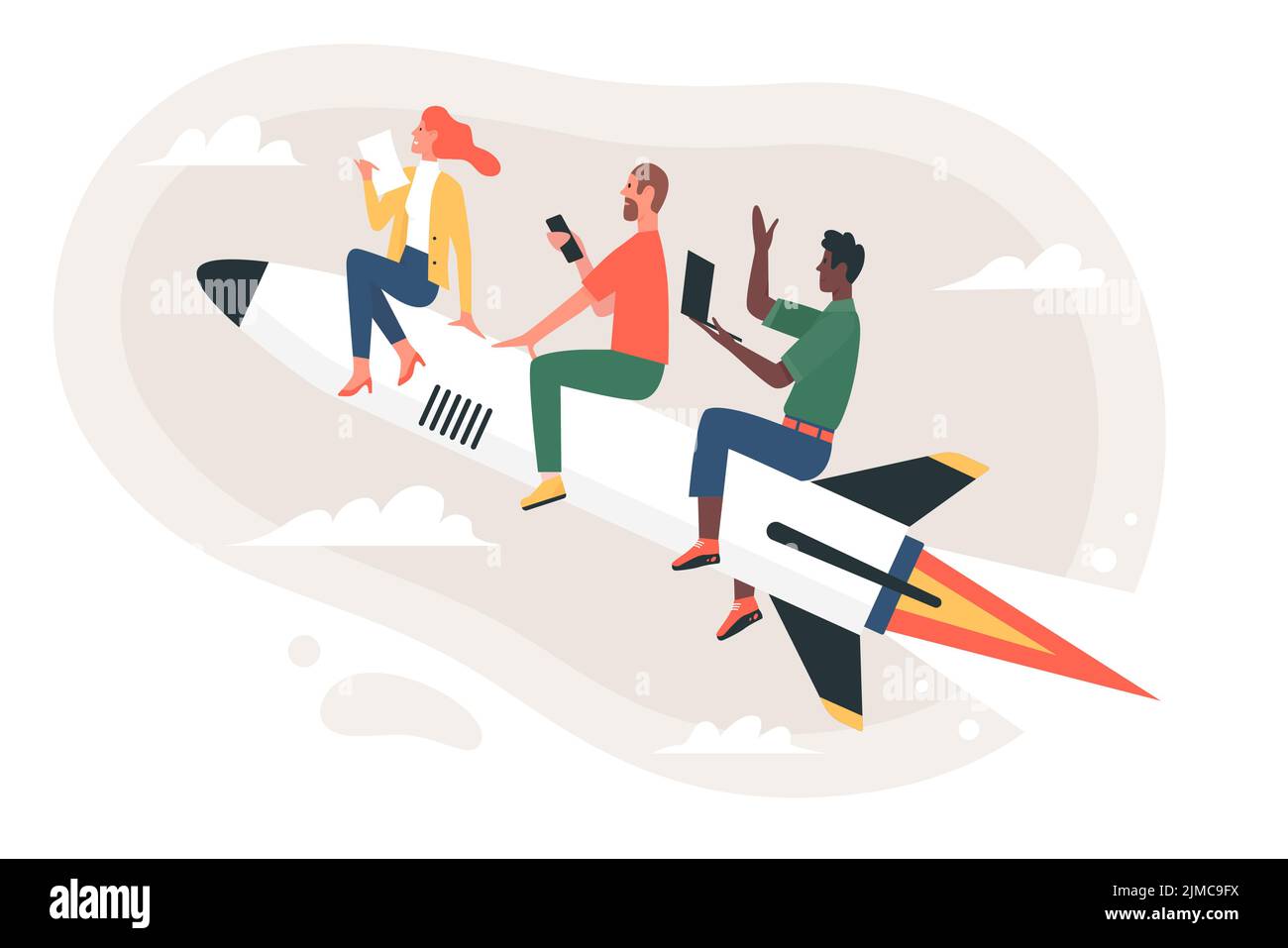 Startup launch by team of entrepreneurs, teamwork of business partners. Cartoon people fly up on ...