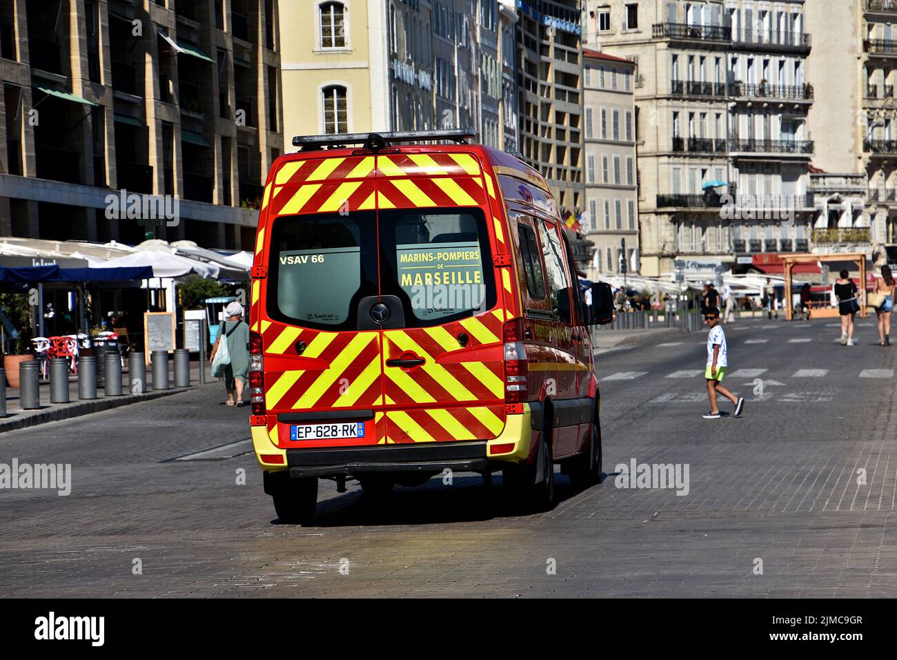 Marseille, France. 30th July, 2022. A firefighters' van drives on a ...