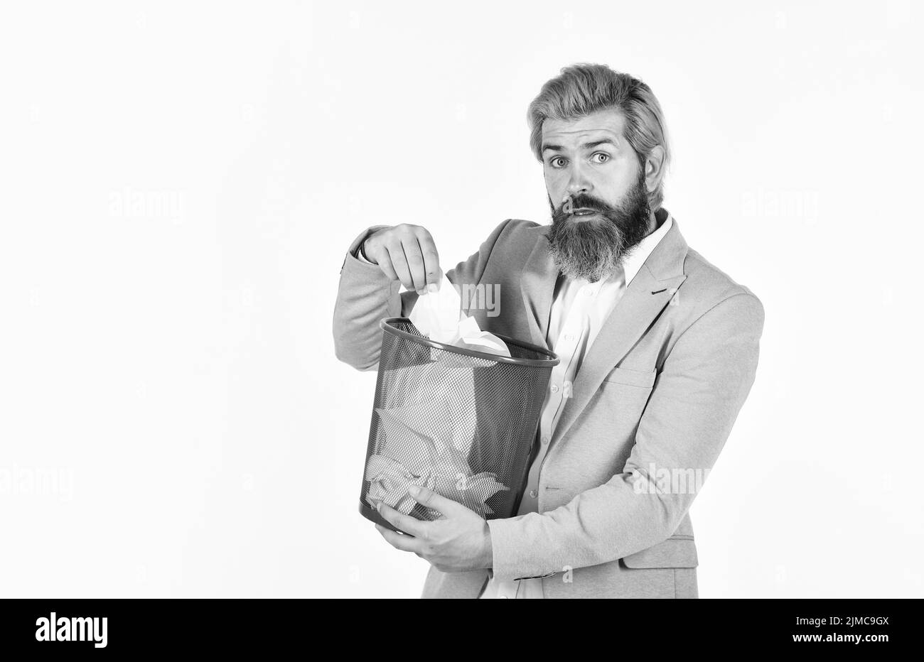 office worker digging in garbage bin. businessman hold trashcan. man in ...