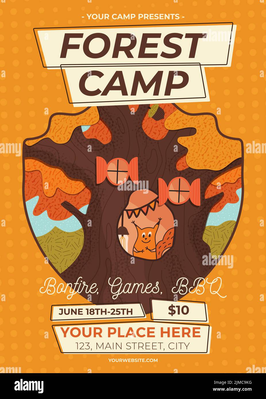 Vector design of Forest Camp poster with illustration of tree and ...