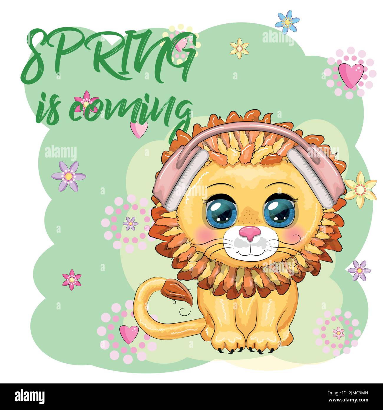 Cute cartoon Lion with headphones, listens to music, note, treble clef ...