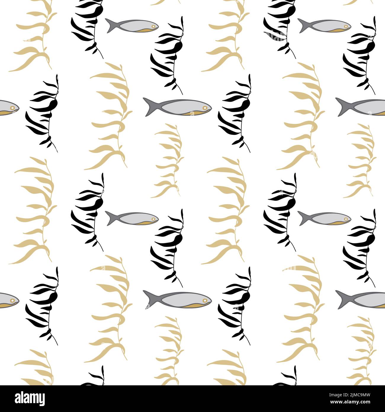Fish and sea weed seamless pattern in black, white and gold colours ...
