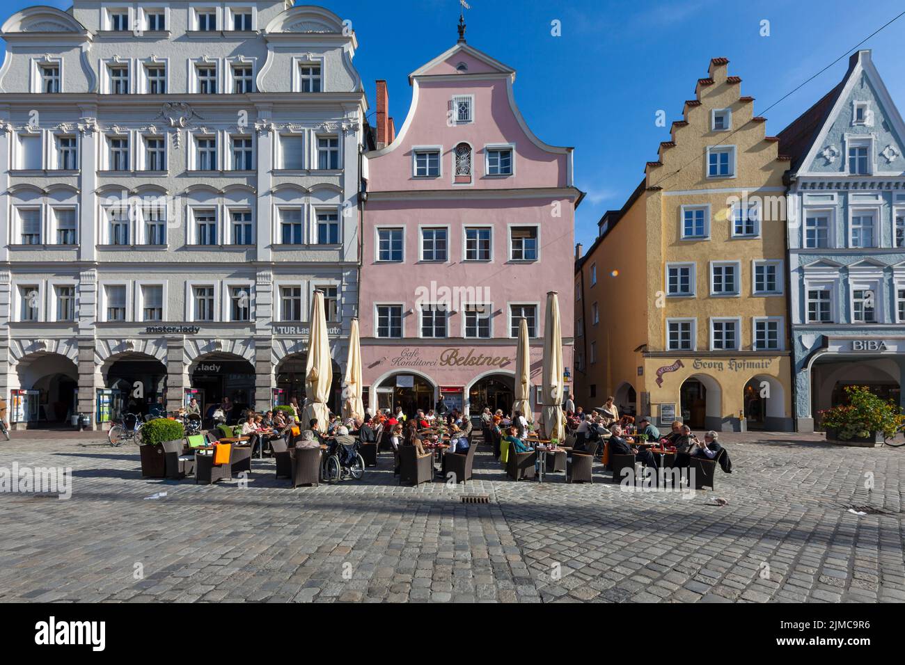 Old town with historic buildings and pedestrian area of Landshut ...