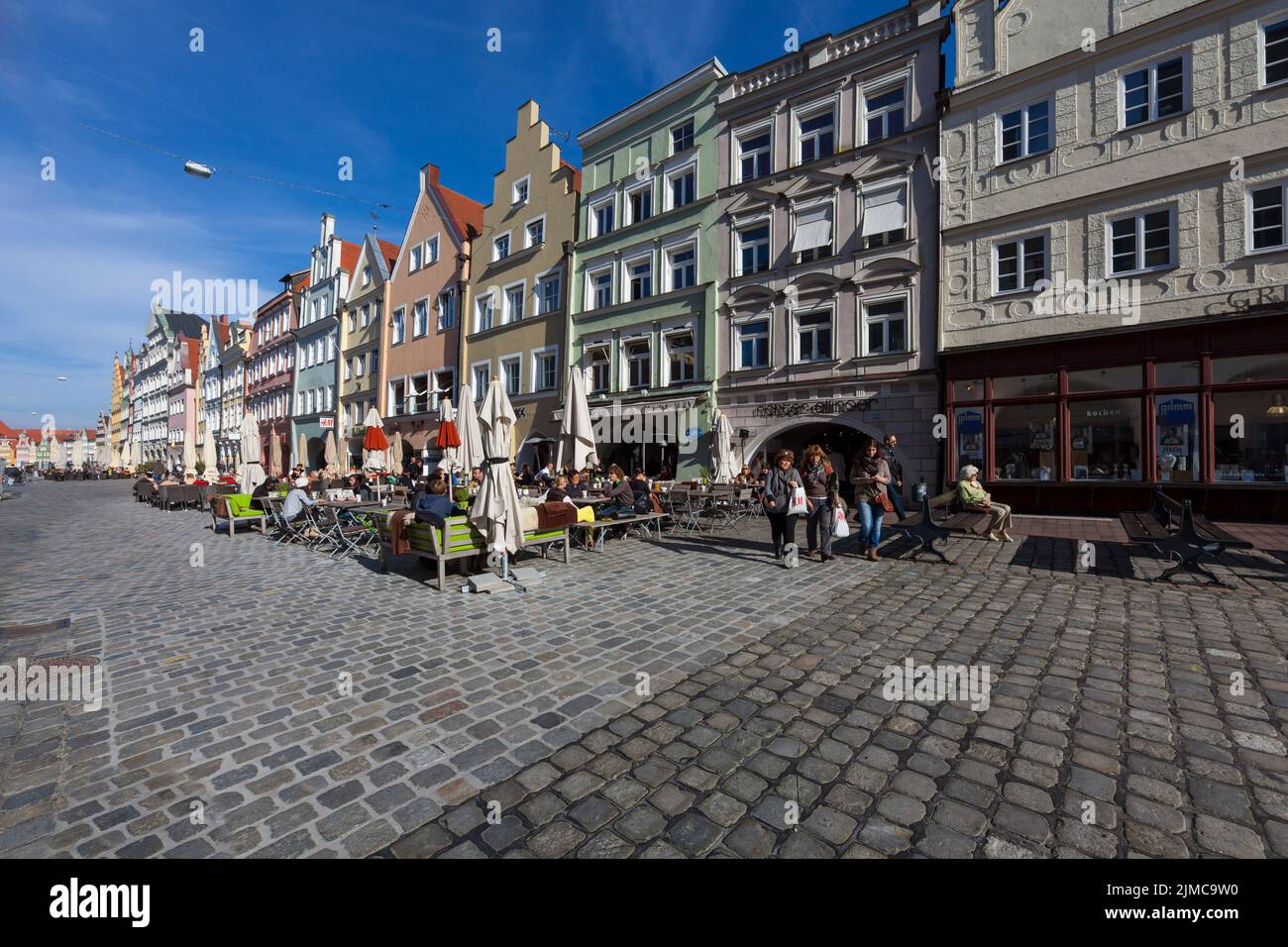 Old town with historic buildings and pedestrian area of Landshut ...
