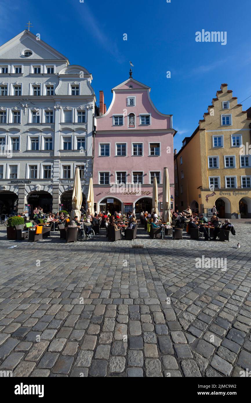 Old town with historic buildings and pedestrian area of Landshut ...