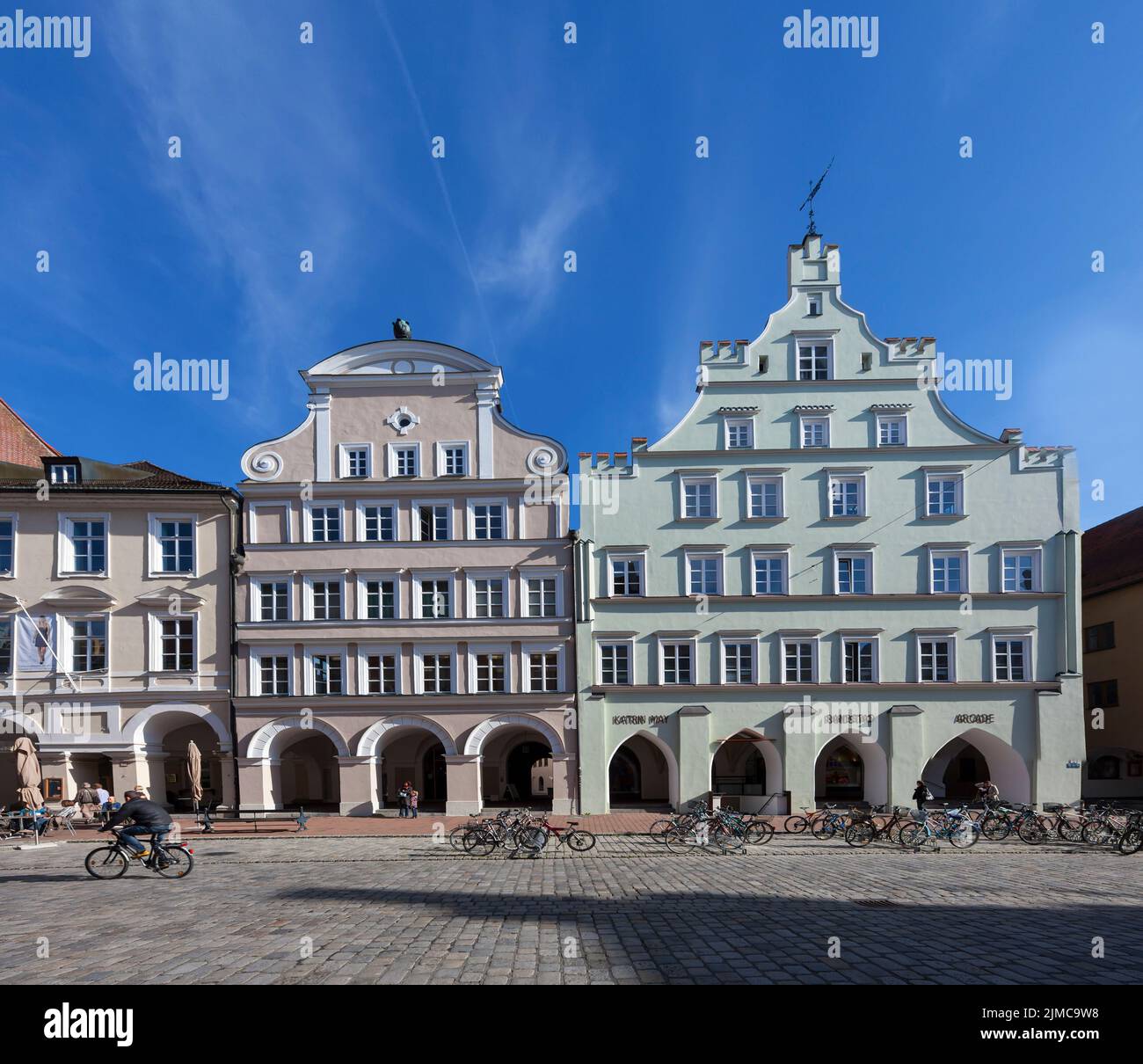 Old town with historic buildings and pedestrian area of Landshut ...